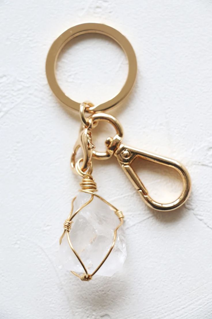Raw Quartz Crystal Keychain with Gold Wire Wrap – Soulstones Collective